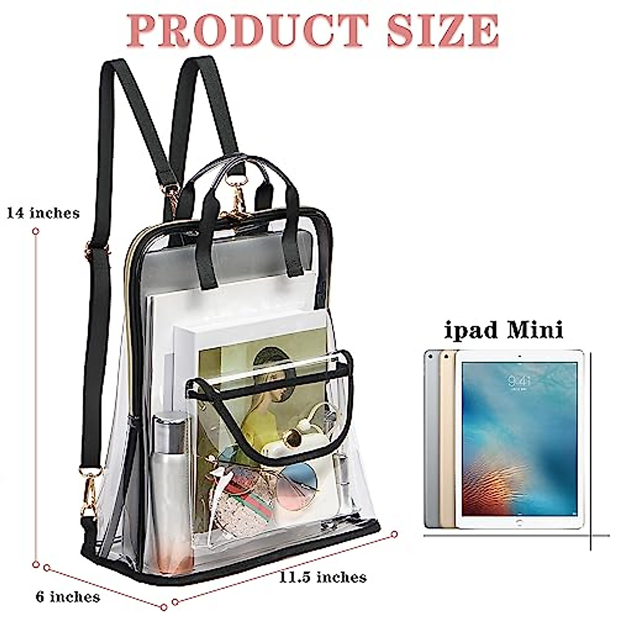 KUI WAN Clear Bag, Clear Backpack Stadium Approved Heavy Duty PVC Transparent Backpack for Concert Sport Events Work