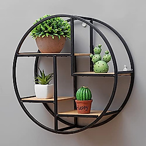 Brown Wooden Round Small, 4 Tier Hanging Floating Display Shelves for Bedroom Living Room Office