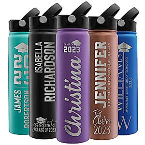 Graduation Gifts - Personalized Water Bottle w Straw Lid, Custom 6 Designs Water Bottle w Name | 24 oz - Purple | Double Wall, Vacuum Insulated, Class of 2023, High School, College Gifts