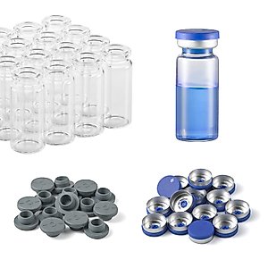 Eowpower 100 Pack 10ml Glass Vials, 20mm Glass Flat Bottom Lab Vial with Plastic-Aluminum Flip Caps and Rubber Stoppers (Clear)