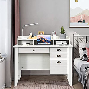 Tangkula White Desk with 4 Storage Drawers & Hutch, Home Office Computer Desk Vintage Desk with Storage Shelves, Wooden Executive Desk Writing Study Desk (White)