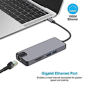 Pocket-Sise Design Multi-fuction 8 in 1 USB 3.1 Type C Adapter Docking Station Combo (Aluminum Alloy Made) with PD Charge/USB 3.0X2/1000M Gigabit LAN/4K HDMI/VGA/TF/SD