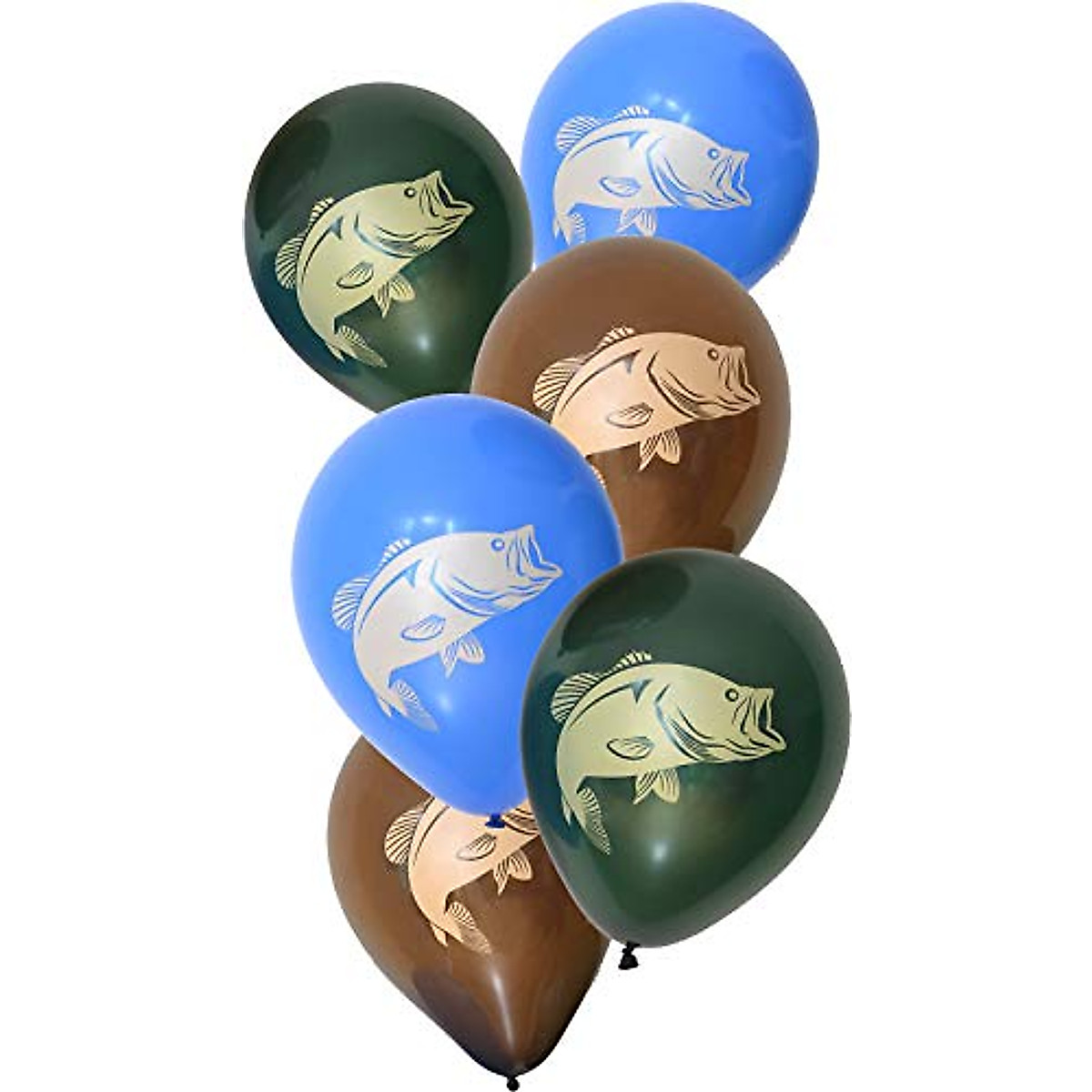 Havercamp 6 Count Gone Fishin' Party Balloons 12" | Latex 3 colors, 6-Pack | Largemouth Bass on Both Sides