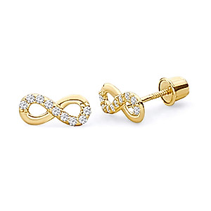 14k REAL Yellow Gold Infinity Stud Earrings with Screw Back