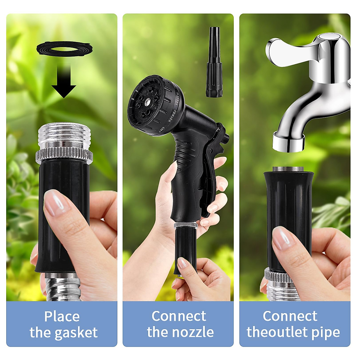 CUHBIV Metal Garden Hose 50FT,Stainless Steel Metal Hose with 10 Function Nozzle, Heavy Duty Collapsible Water Hose with Hose Holder,Kink Free & Tangle Free Flexible Garden Hoses for Outdoor