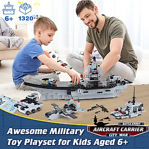 WishaLife 1320 Pieces Aircraft Carrier Building Blocks Set, Military Battleship Model Toy with Army Car, Helicopter & Boat, Military Toys Gift for Kids Boys Girls Age 6-12
