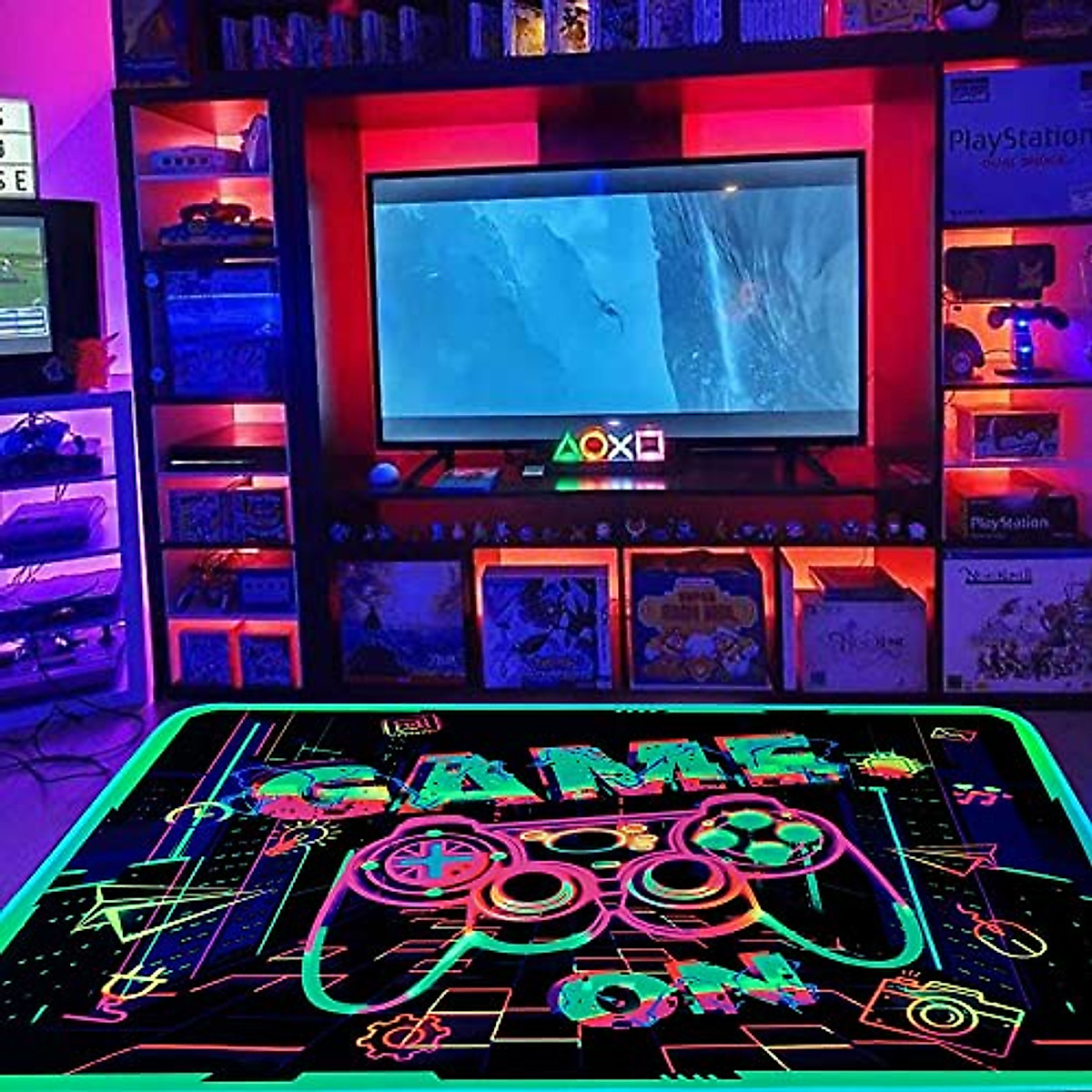 Csivoisw Gamer Area Rug Gaming Rug for Boys Bedroom Blacklight Game Printed Carpet Glow in The Dark Gamer Rug Playroom Large Non-Slip Rug Teen Boys Girls Game Room Floor Mat 60x39 Inch