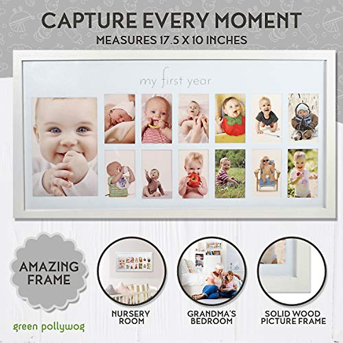 Green Pollywog | Baby's First Year Frame | Collage Frame For Baby In White | 12 Month Picture Frame | Milestone Photo Frame | First Year Picture Mat | Baby Picture Frame | My First Year Picture Frame