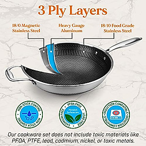 NutriChef 12" Stainless Steel Durable Wok - Triply Kitchenware with Glass Lid, Side Handle - DAKIN Etching Non-Stick Coating, Scratch-resistant Raised-up Honeycomb Fire Textured Pattern - NCS3PWOK
