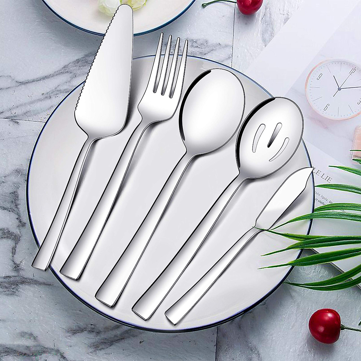 Homikit 5-Piece Silverware Serving Utensils Set, Stainless Steel Square Flatware Hostess Set Include Pie Server Serving Spoons Butter Knife Serving Fork, Dishwasher Safe, Mirror Polished