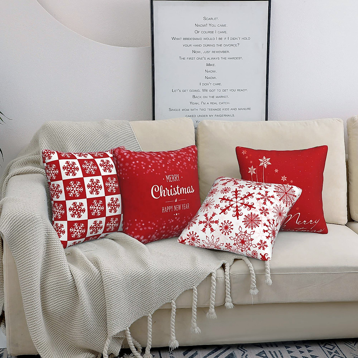 HELERKOL Set of 4 Red Merry Christmas Throw Pillow Covers 18 x 18 inch Snowflake Pillow Covers for Couch Sofa Winter Holiday Decoration Cushion Case