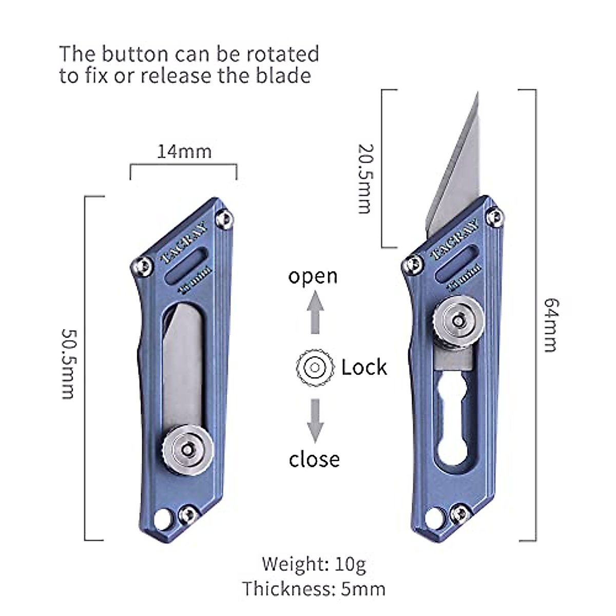 TACRAY Titanium Utility Mini Knife, Small Box Cutter with Retractable and Replaceable Blade for Multiple Cutting Tasks and EDC, comes with 2pcs of extra blades for replacement (Blue)