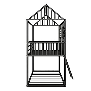 BIADNBZ Twin Over Twin Metal Bunk Bed House Shaped, Sturdy Low Bunkbed Frame with Roof and Fence-Shaped Guardrail, for Kids Boys Girls, Black