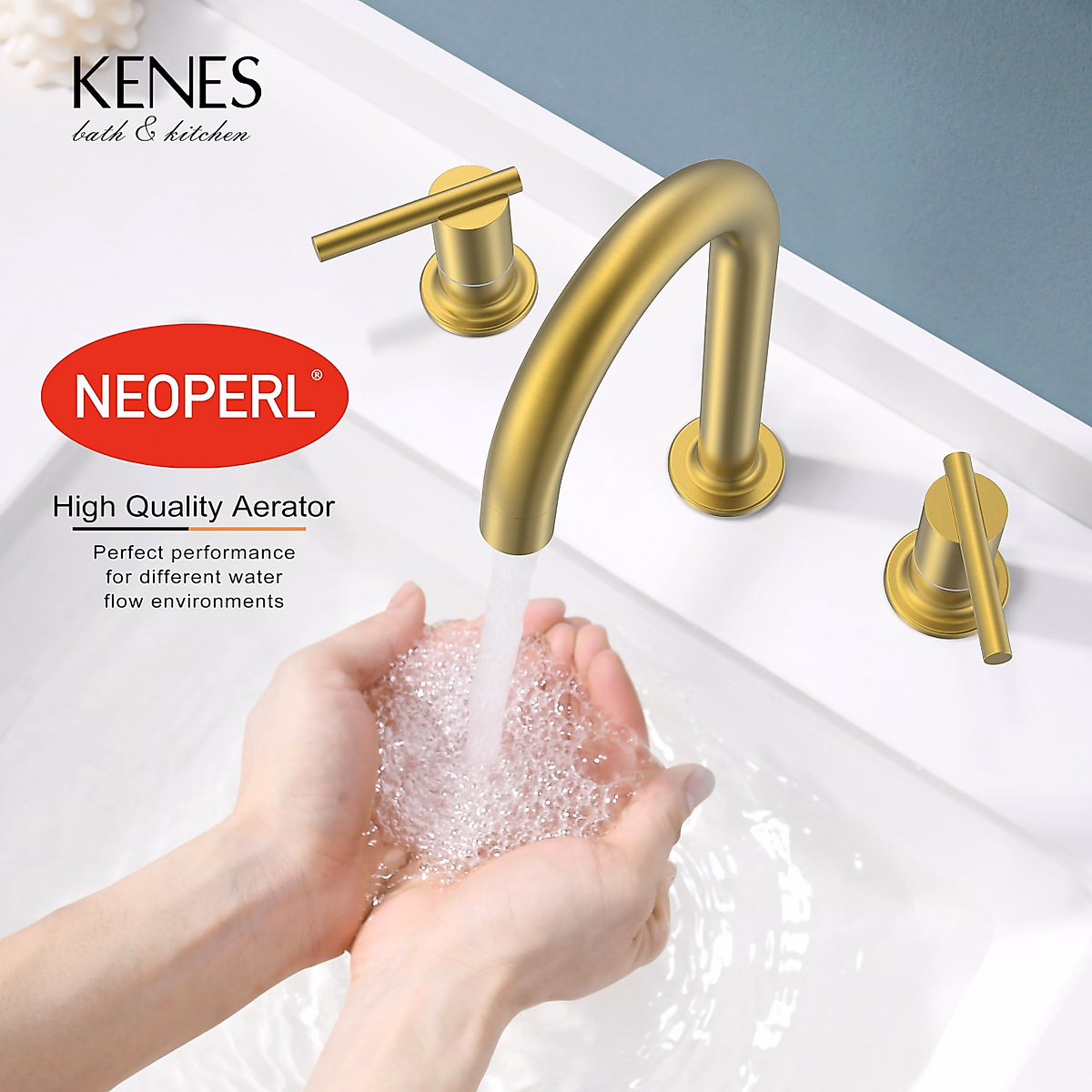 KENES Brushed Gold Two Handle 8 Inch Widespread Bathroom Sink Faucet, Gold High Arc Lavatory Vanity Sink Faucet 3 Hole with Pop Up Drain & Water Supply Hoses LJ-9018-4