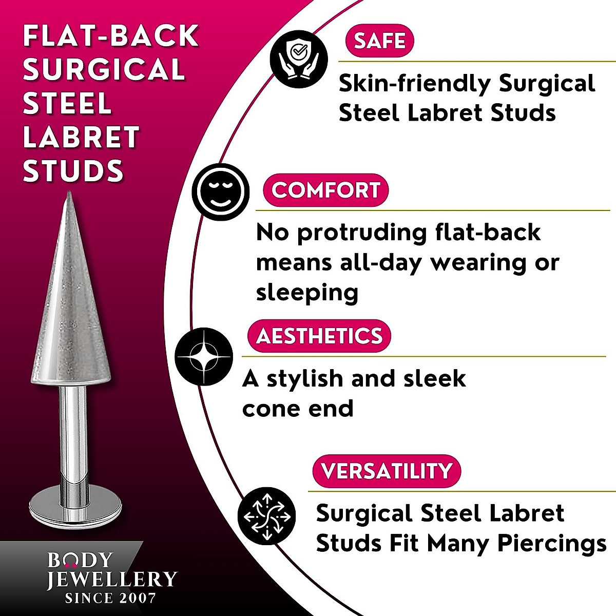 bodyjewellery 16g Cartilage Ear Labret Stud Lip ring Tragus Helix Medusa 316L Stainless Steel Piecing Jewelry 5/16 Inch 3 x 8mm Spike