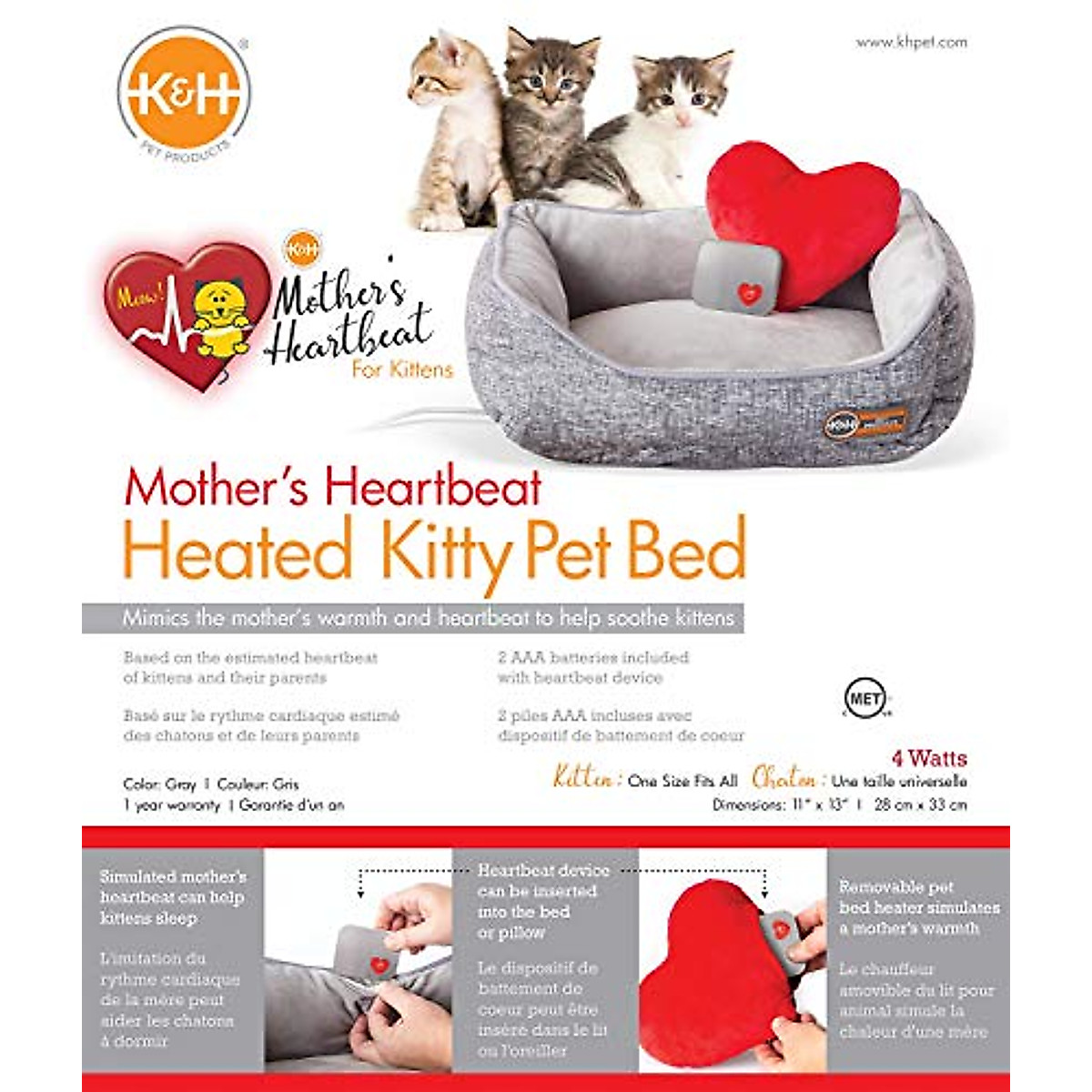 K&H PET PRODUCTS Mother's Heartbeat Heated Cat Bed with Heart Pillow Heartbeat Kitten Toy Gray 11 X 13 Inches w/Cat Heartbeat Rhythm