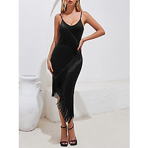 ZAFUL Women Spaghetti Strap Sexy V Neck Fringe Tassels Irregular Hem Slit Bodycon Prom Party Cocktail Formal Dress Black M