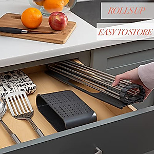 Kitchen Details Over The Sink Drying Rack with Utensil Holder | Roll Up for Storage | Stainless Steel | Drain Tray | BPA Free | Food Safe | Space Saving | Grey