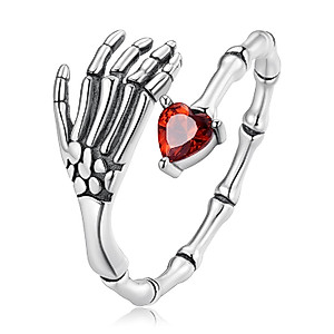 Gothic Skeleton Hand Sterling Silver 925 Open Statement Rings for Women Red Crystal CZ Heart Vintage Skull Plam Wrap Finger Band Adjustable Biker Rings Halloween Costume Jewelry Gifts