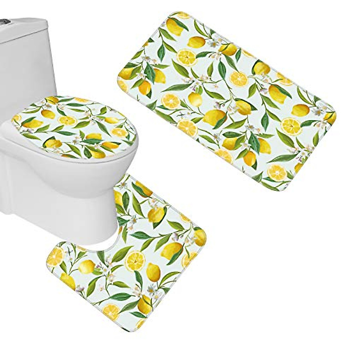 Amagical Lemon Set Decor Fruit Citrus Flowers Leaves Pattern 16 Piece Bathroom Mat Set Shower Curtain Set Bath Mat Contour Mat Toilet Cover Shower Curtain and 12 Hooks