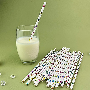 100 pcs Rainbow Foil Polka Dot and Star Paper Straws, Colorful Metallic Shiny Blue Green Gold Red Pink Party Drinking Straws Bulk, Kids Wedding Holiday Birthday Cake Pop Sticks (Mixed 2 Styles)