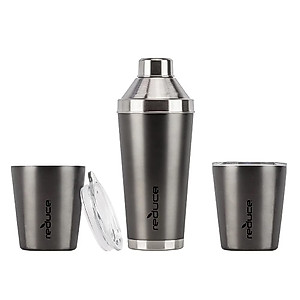 REDUCE Cocktail 3-Piece Shaker Set with 10-oz. Lowball Tumblers (Charcoal)