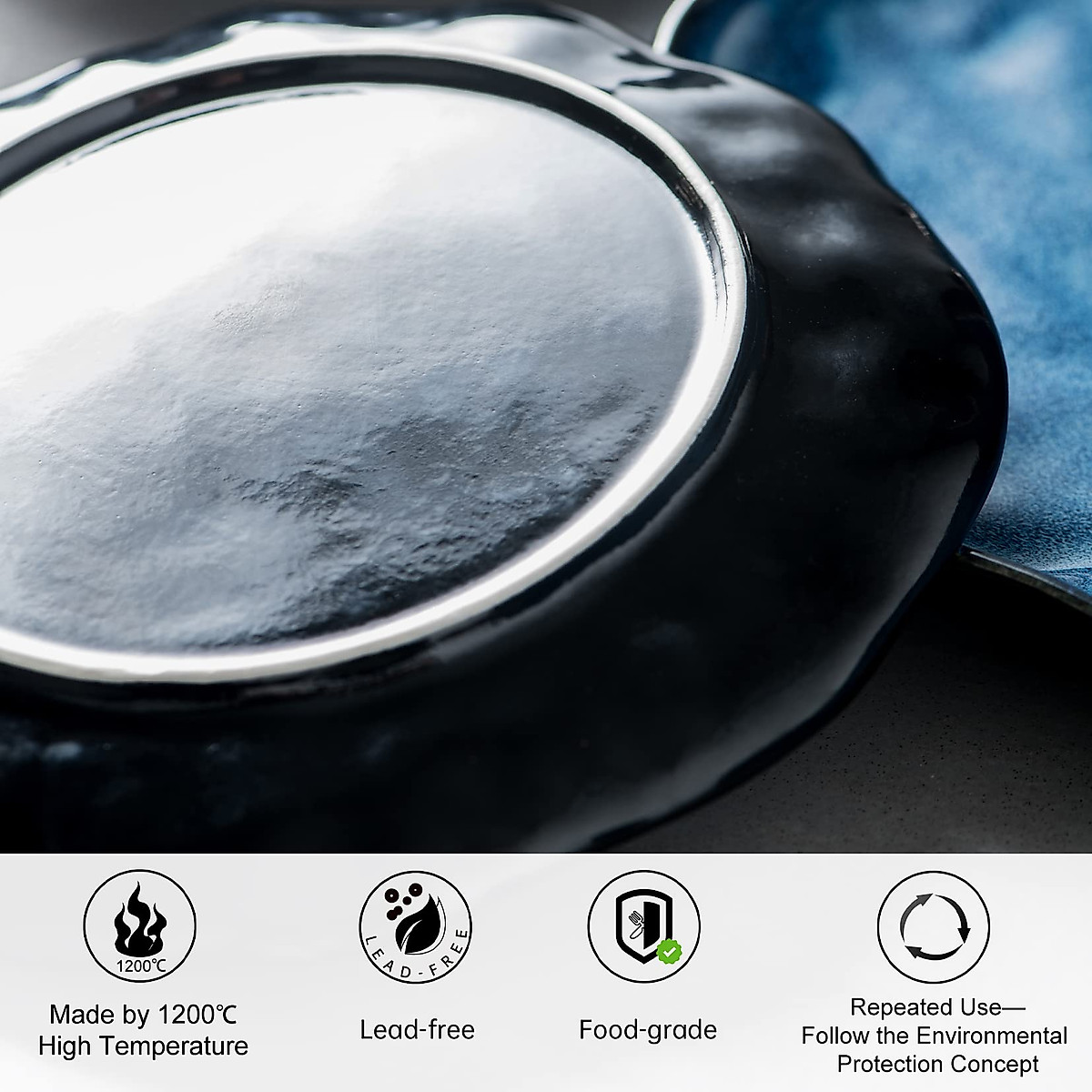 Ceramic Bowls Set for Pasta, Salad, Cereal, Dessert - 8 Inch Wide and Shallow Soup Plates, Serving Dishes Set of 4 Microwave, Dishwasher Safe, Blue