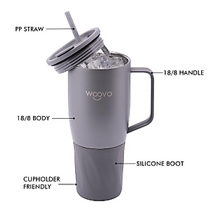 WOOVO 30 oz Tumbler with Handle and Straw - Insulated Double Wall Stainless Steel Water Bottle with SIlicone Boot - BPA Free Water Tumbler with Lid - Dishwasher Safe Cups Stay Hot Cold - Grey
