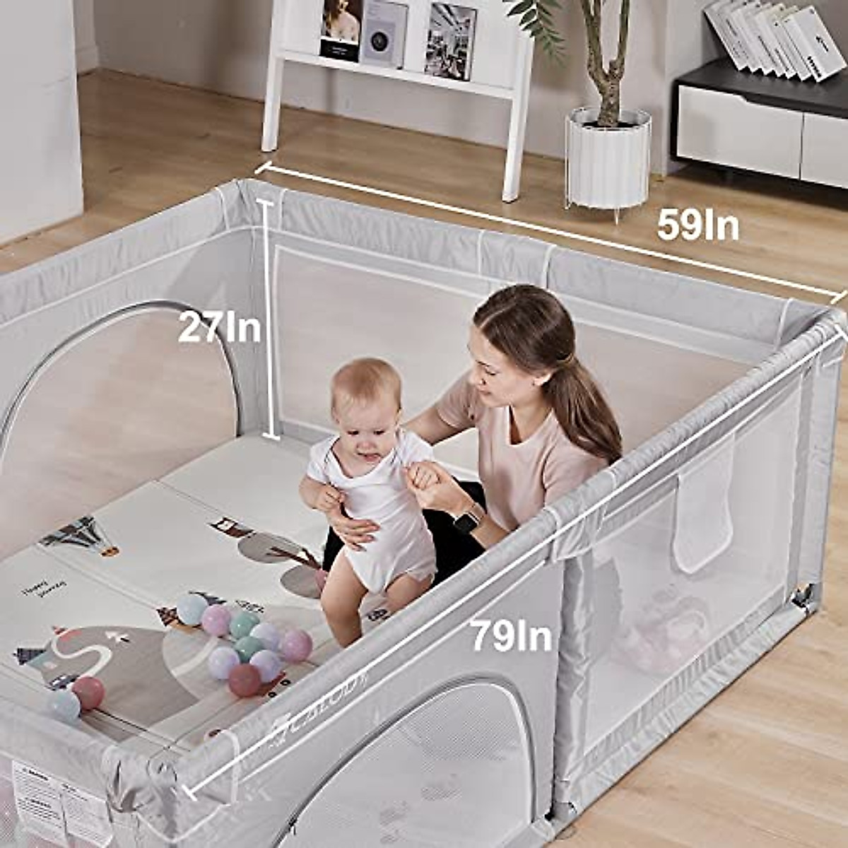 Calody Baby Playpen, Playpen for Babies, Extra Large Play Yard for Infants Toddlers, Indoor Safety Kids Activity Center, Anti Fall Baby Fence with Window Gates(79x59x27 Inches, Grey)