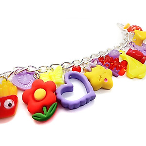 Chunky Charm Bracelet in Red Yellow & Purple, Kawaii Cha Cha Bracelet with Cute Candy Ice Cream Flower and Heart Charms, Adjustable