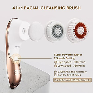 Facial Cleansing Brush, Electric Face Brush Scrubber Rechargeable Facial Exfoliator IPX-7 Waterproof Spin Cleanser Rotating Spa Machine for Exfoliating, Massaging and Deep Cleansing with 4 Brush Heads