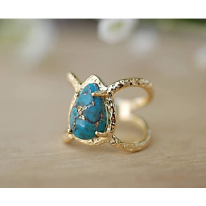 Awmnjtmgpw 18K Gold Inlaid Teardrop pear Shaped Turquoise Ring Size 6-10 (Size 8)