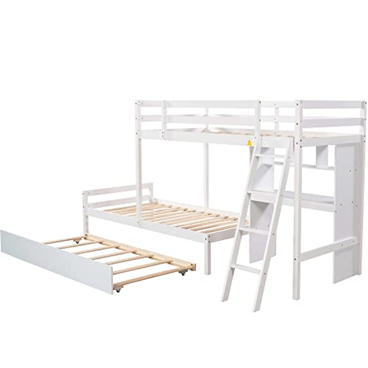 MOEO Twin Over Twin Bunk Bed with Trundle and Ladder for Kids, Adults, Wooden Bunkbed Frame w/Convertible Built-in Desk & Down Bed, Save Space, No Box Spring Required, White