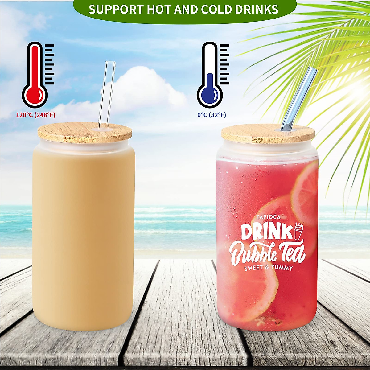 KIDJFGG Sublimation Glass Blanks With Bamboo Lid, 8pack 16OZ Frosted Sublimation Beer Can Glass with Glass Straws Gift Box Mason Jar Cups Mug Travel Tumbler for Beer, Juice, Soda, Iced Coffee, Drinks
