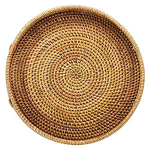 Sziqiqi Rattan Serving Tray Round Woven Decorative Tray for Coffee Table with Handles Display Storage Basket Trays for Fruit Food Drinks Snack Wicker Boho Ottoman Platter