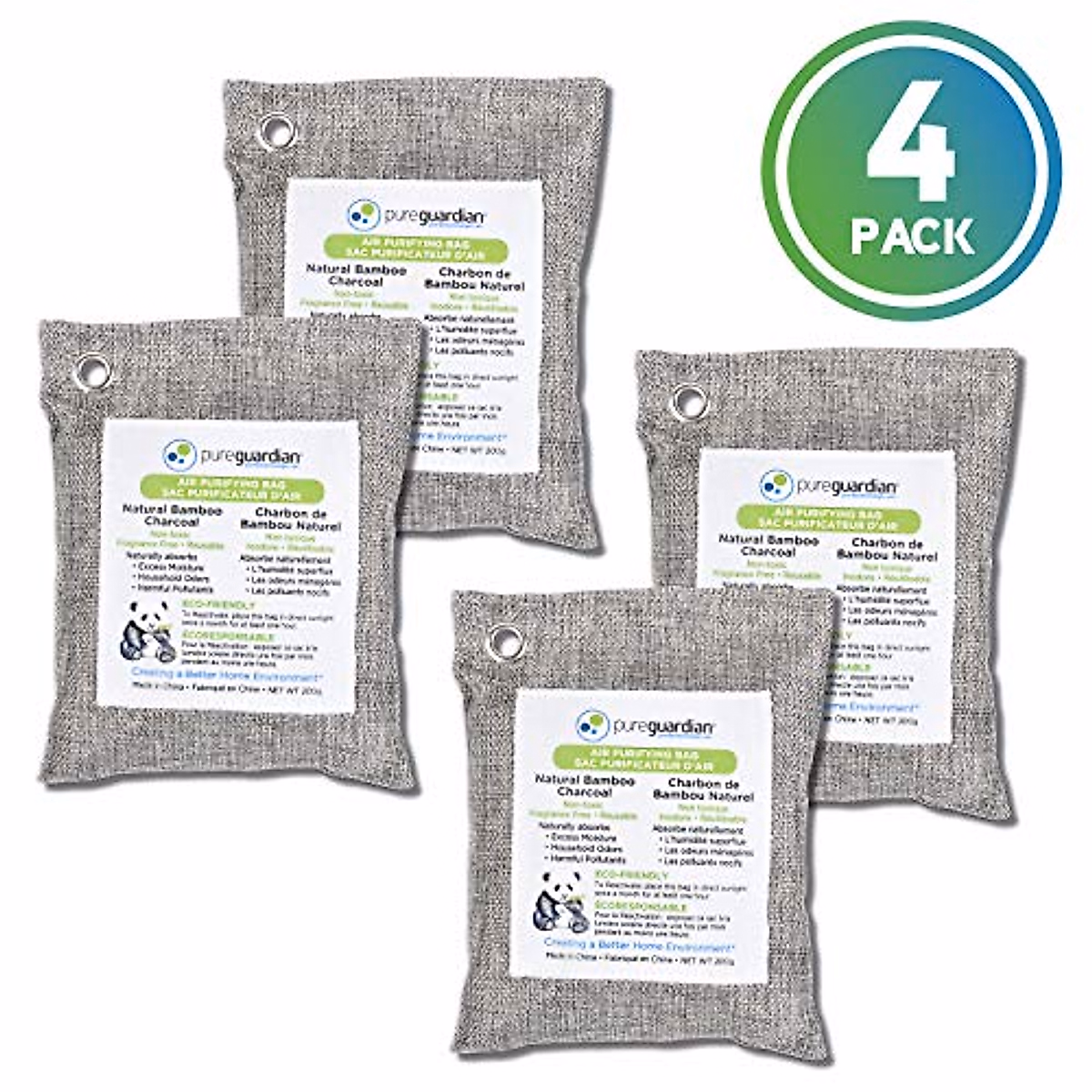 PureGuardian CB200 Bamboo Charcoal Air Purifying Bag, Eco-Friendly, Naturally Absorbs Odors, Excess Moisture and Pollutants, 200g, 4-Pack, Gray