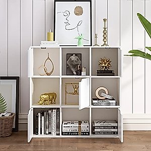 OSCHF 9-Cube Storage Shelf Bookcase - Wooden 3-Tier Floor Standing Open Bookshelf with Doors for Home and Office, Display Cabinet, Warm White