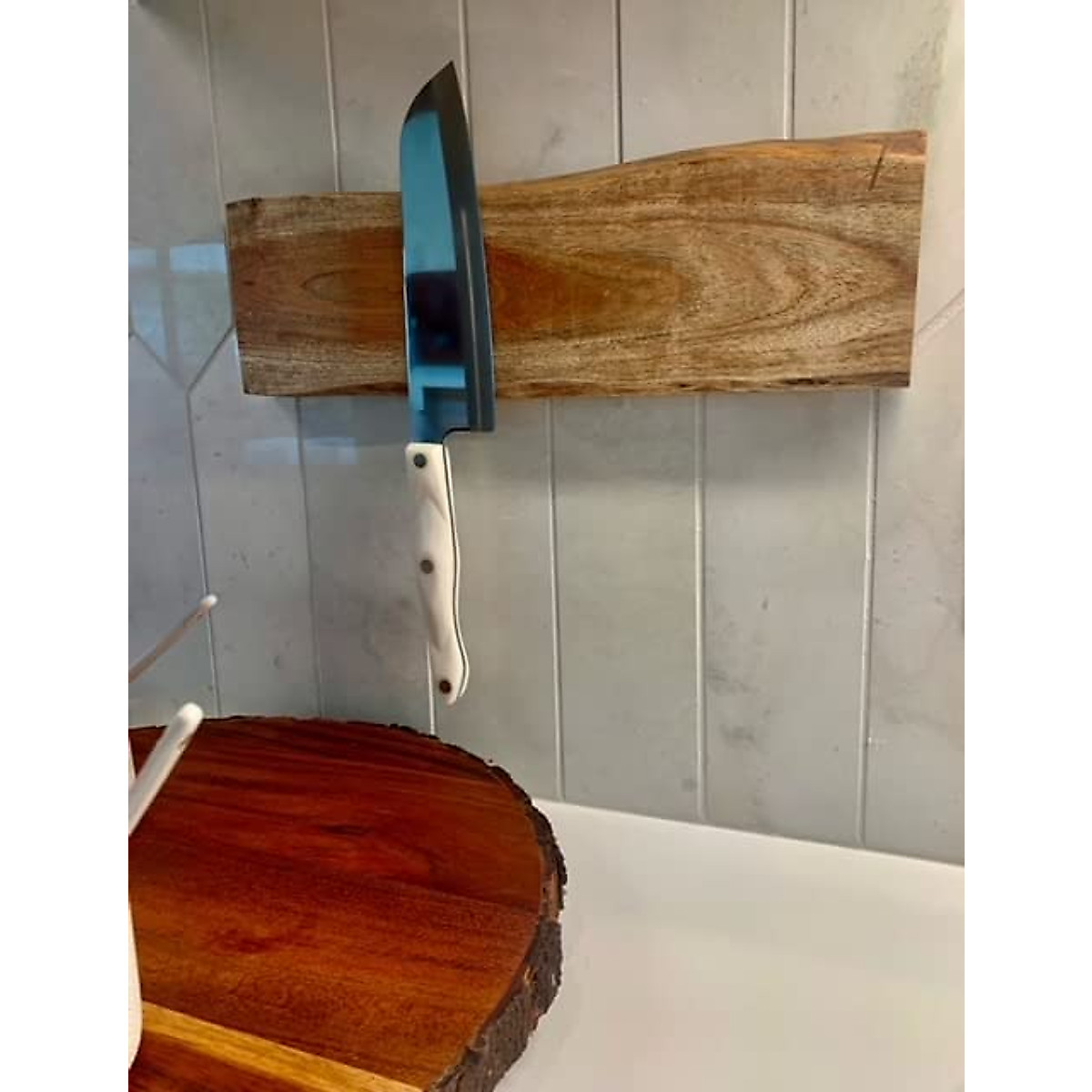 IMPROVED STRONGER Magnetic Knife Holder - Wood Knife Block - Knife Strip - Kitchen Organizer - Live Edge, Holds 5 Knives