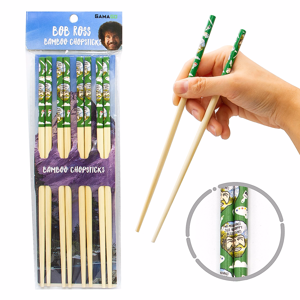 GAMAGO Bob Ross Bamboo Chopsticks Set - 4 Pairs of Adorably Cute Reusable Chop-sticks - Easy Grip, Lightweight, Durable, 9.25 Inches