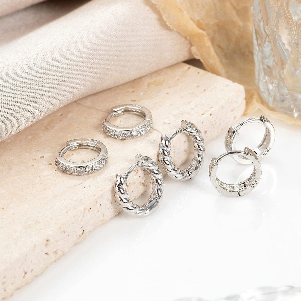 JASSEWRLY 3 Pairs 925 Sterling Silver Small Huggie Hoop Earrings for Women, Hypoallergenic Cubic Zirconia Hoops Huggie Earrings, Twisted Silver Mini Hoop Earrings Cuff Earring for Girls