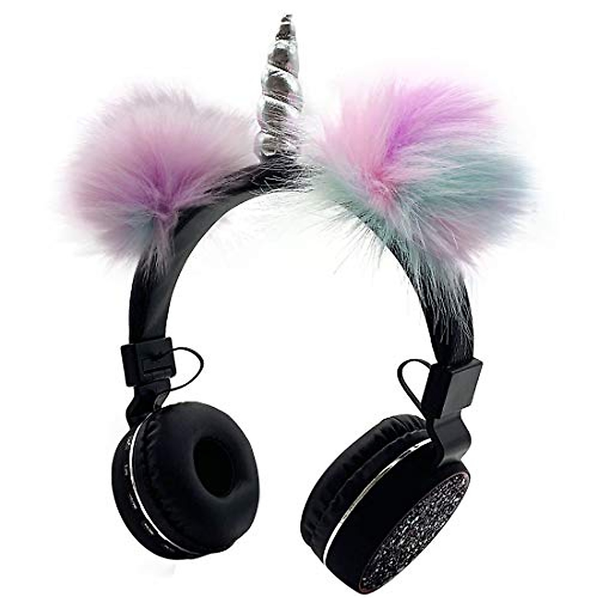 JINSERTA Bluetooth 5.0 Headphones with Fluffy Cat Ears for Kids, Kids Headband Earphone Foldable Headset Rechargeable Support TF Card, FM, Aux in (Black)