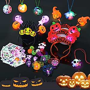 Fabeto Light Up Glow Party Favors 40 Pack Halloween Toys Trick or Treats Goodie Bag Filler Party Supplies for Kids Adults, 5 LED Pumpkin Headbands 5 Bracelets 5 Necklaces 5 Balls 10 Stickers