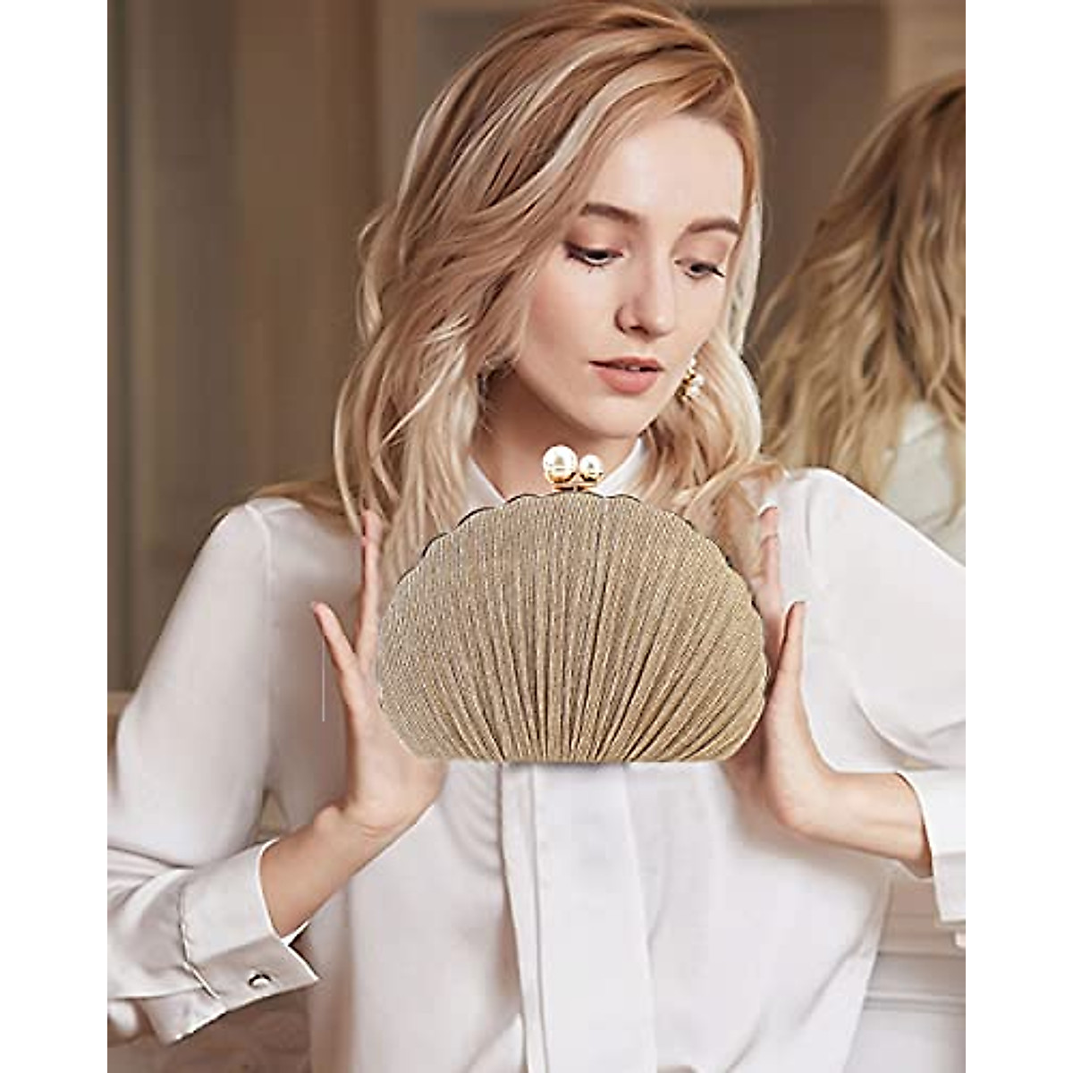 Felice Ann Women Mini Seashell Evening Bag Clutch Handbag Chain Strap Cross-body Shoulder Bag,Pleated Golden