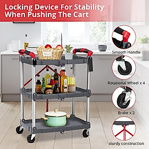 Towallmark Portable Folding Service Cart, 3 Tier Folding Utility Cart, Collapsible Utility Carts for Office, Warehouse, and Home, 56 Lbs Load Capacity per Shelf (Grey & Red)