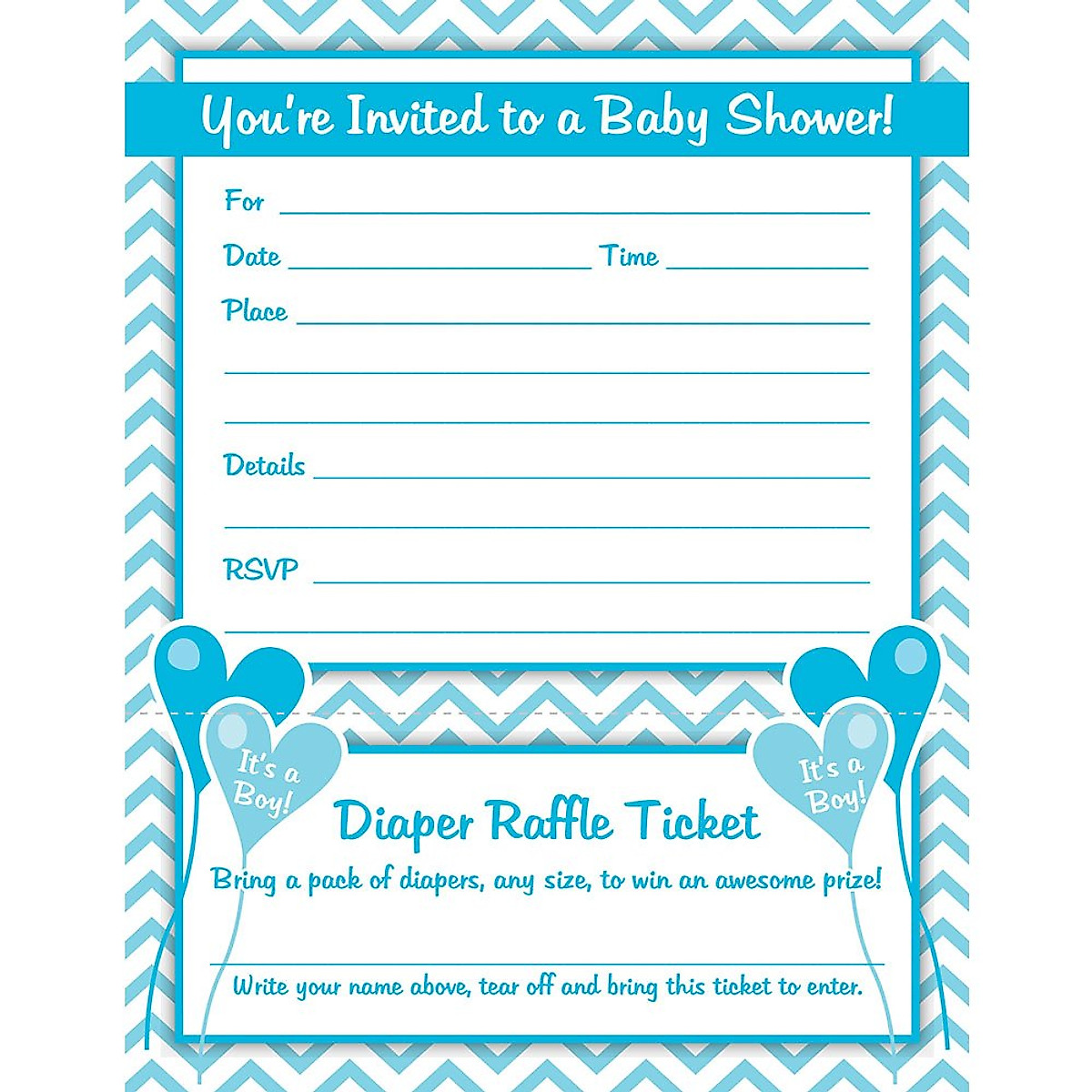 Artistic Media Design Boy Baby Shower Invitations with Diaper Raffle Ticket (Set of 25 with Envelopes)