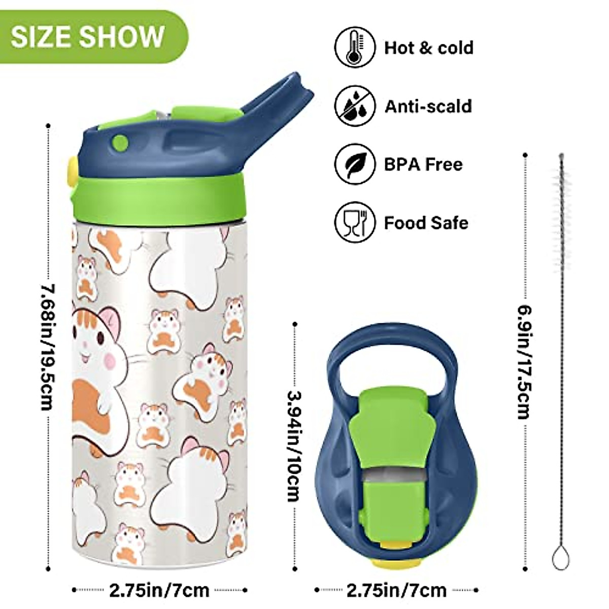 Small Water Bottle for Kid 12oz Cute Hamsters Insulated Bottle with Straw Lid Stainless Steel Tumbler Vacuum Cup Thermal Bottles