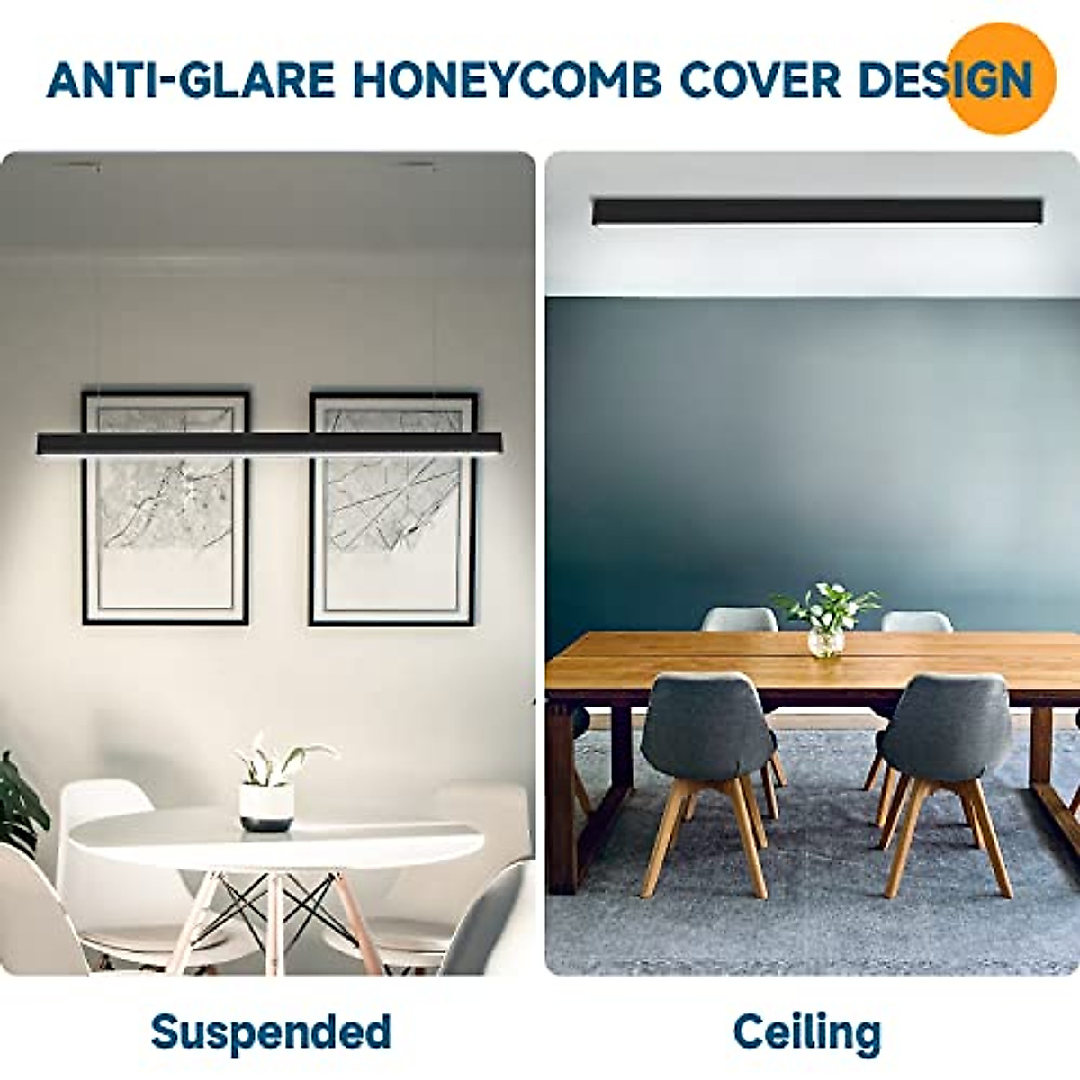 Barrina LED Linear Light, Anti-Glare Honeycomb Cover Hanging Light, 2700K 4000K 5000K Color Changing, 4FT Linkable Office Shop Light, Seamless Connection, 4 Pack Black, 5568 Honeycomb Cover Series