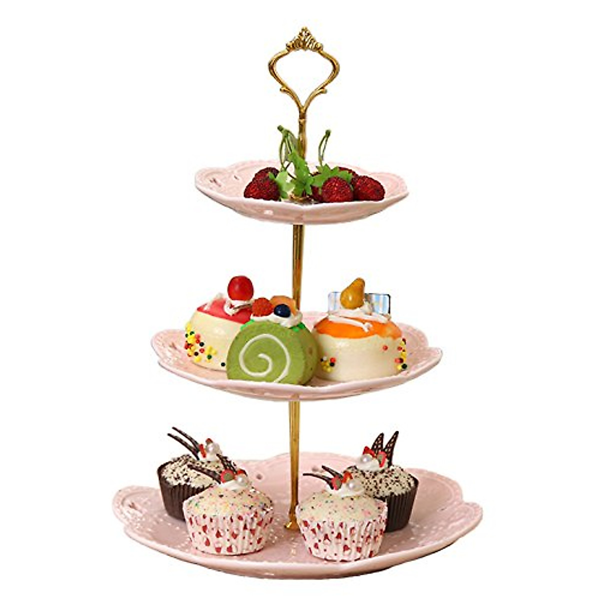 Jusalpha 3-Tier Pink Porcelain Cake Stand/Cupcake Stand/Dessert Stand/Tea Party Pastry Serving Platter/Food Display, Stand, Comes in a Gift Box- Free Sugar Tong, Pink