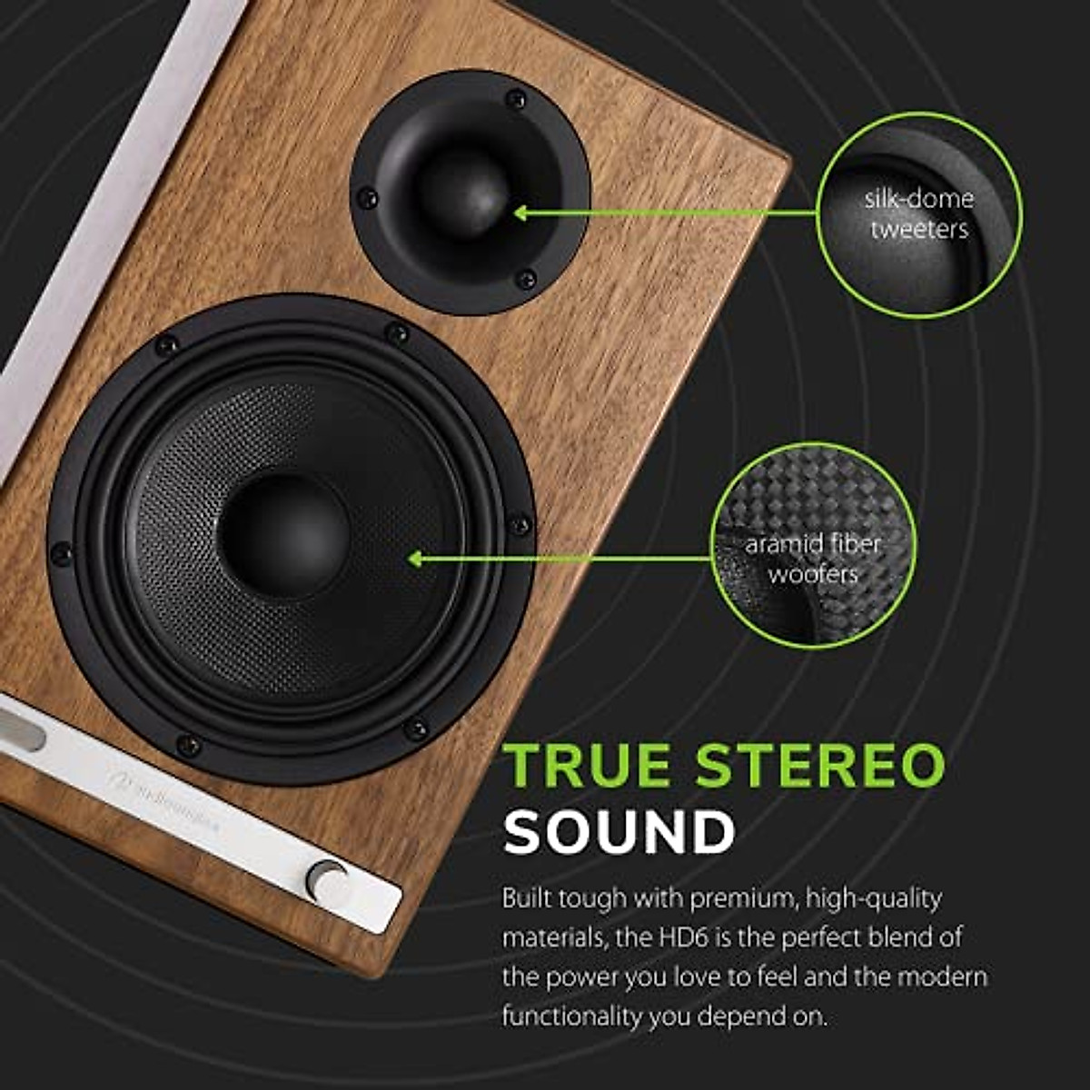 Audioengine HD6 150W Powered Bookshelf Stereo Speakers | Home Music System w/aptX HD Bluetooth, AUX Audio, Optical, RCA, 24-bit DAC (Walnut)