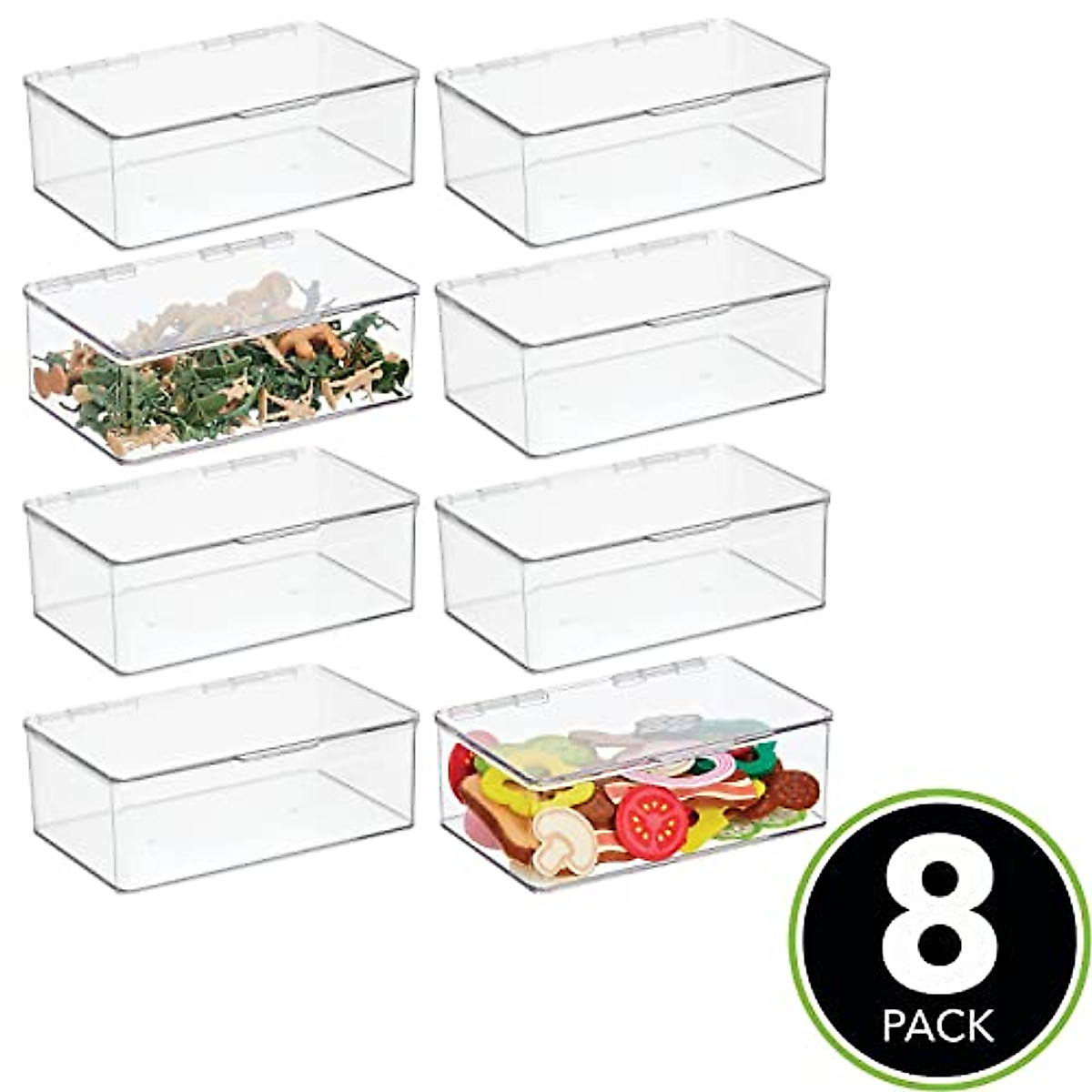 mDesign Plastic Playroom and Gaming Storage Organizer Box Containers with Hinged Lid for Shelves or Cubbies, Holds Small Toys, Building Blocks, Puzzles, Markers, Controllers, or Crayons, 8 Pack, Clear